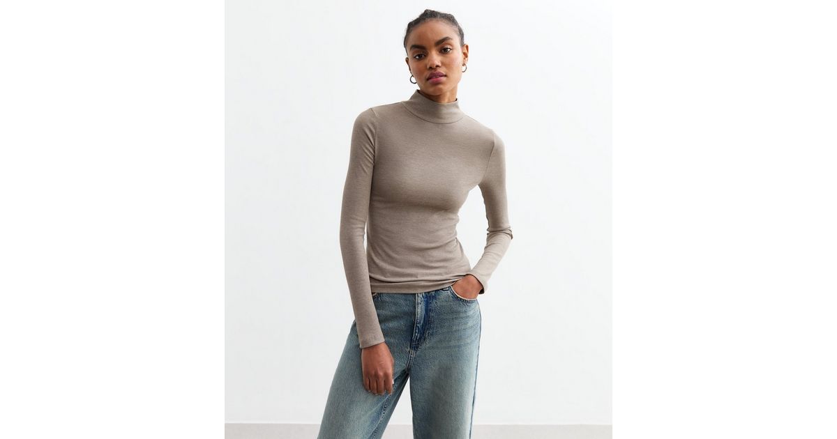 Tall Mink High Neck Rib Long Sleeve Top | New Look