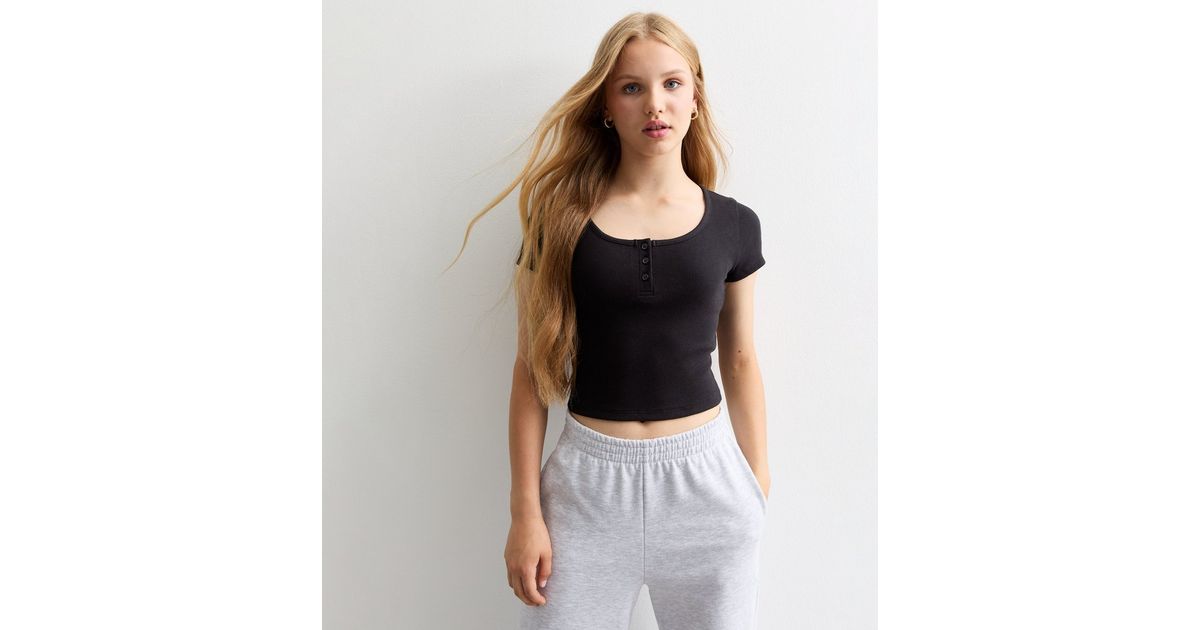 Girls Black Ribbed Button T-Shirt | New Look