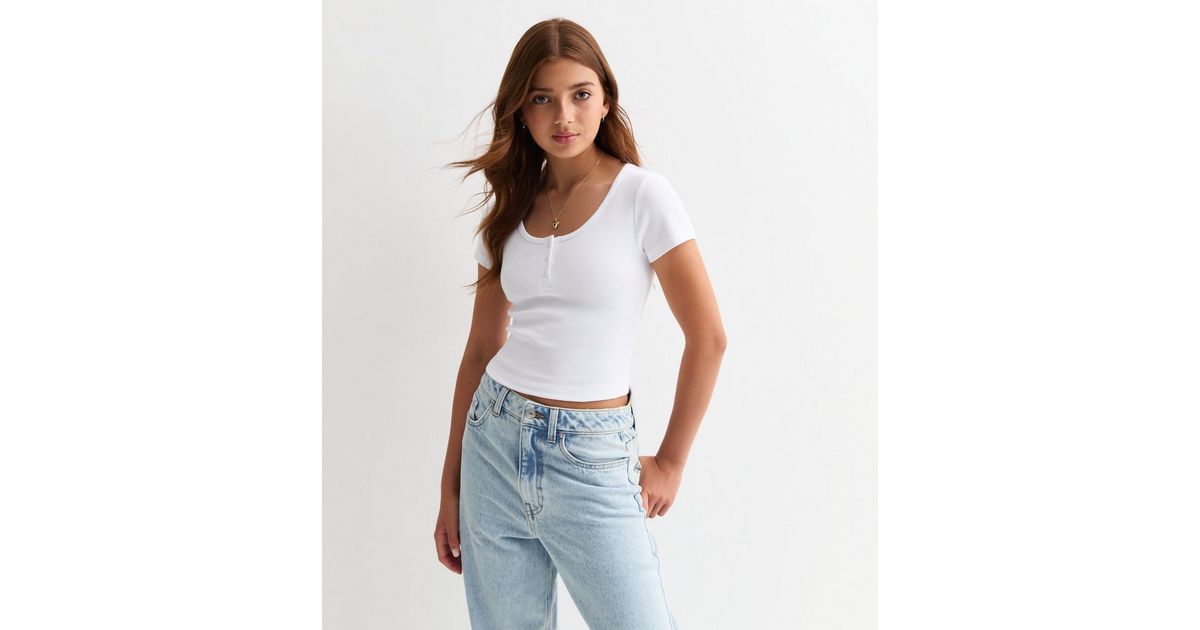 Girls White Ribbed Button T-Shirt | New Look