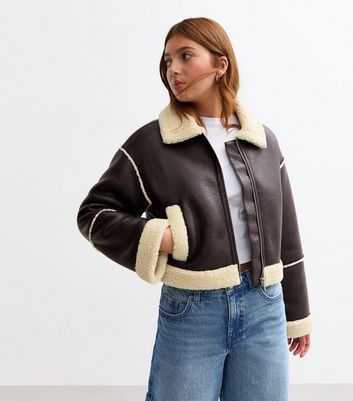 Girls Brown Faux Leather Crop Aviator Jacket | New Look