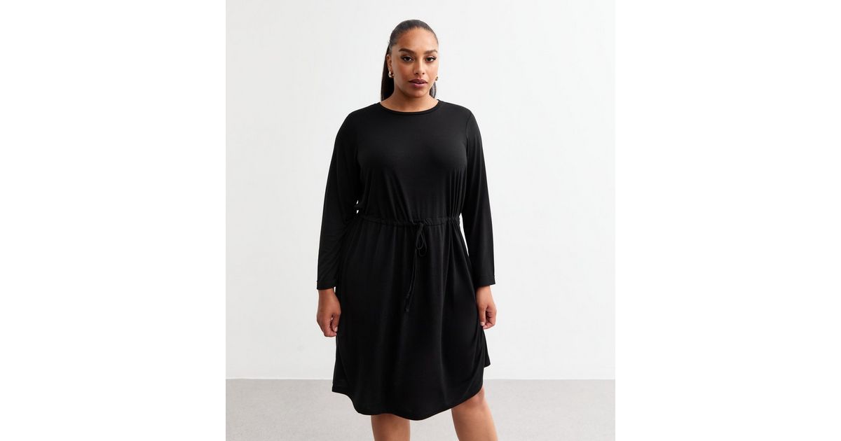 Curves Black Long Sleeve Jersey Drawstring Dress | New Look