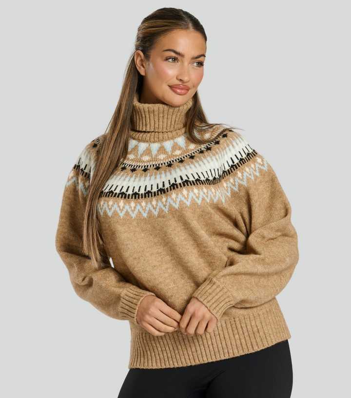 South Beach Light Brown Jacquard Roll Neck Knit Jumper | New Look