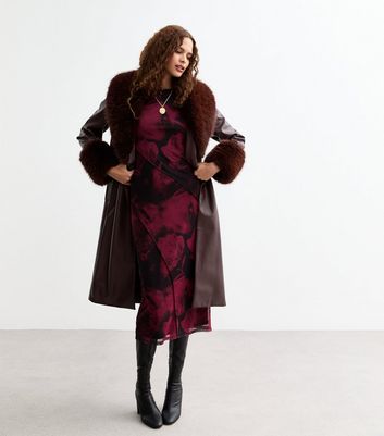 Burgundy Leather Look Faux Fur Collar Belted Coat New Look