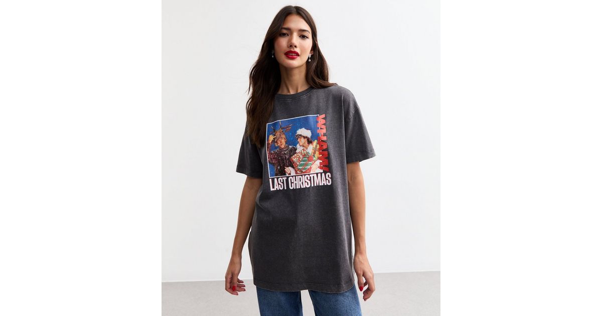 Dark Grey Wham Last Christmas Print Oversized Acid Wash T-Shirt | New Look