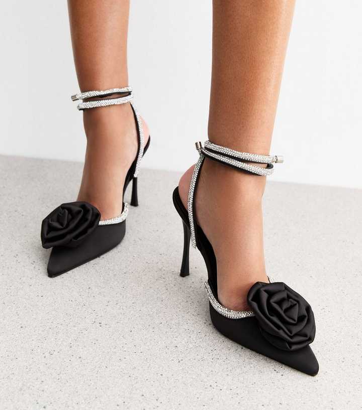 Public Desire Black Crystal Rose Satin Stiletto Court Shoes | New Look