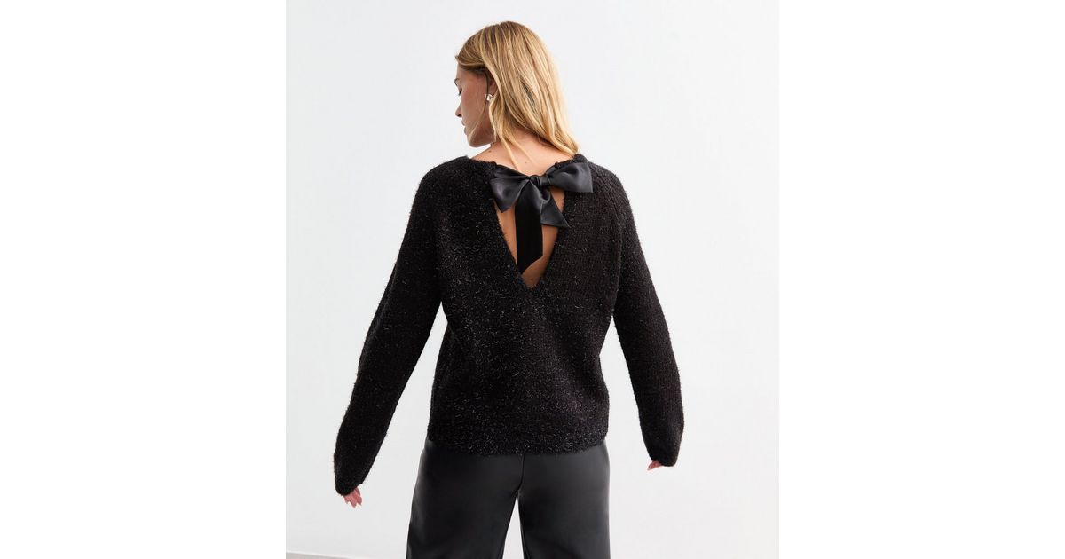 Black Sparkle Bow Back Jumper | New Look