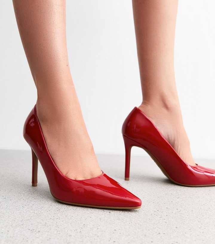 Red High Heels Shoes Red Patent Pointed Stiletto Heel Court Shoes