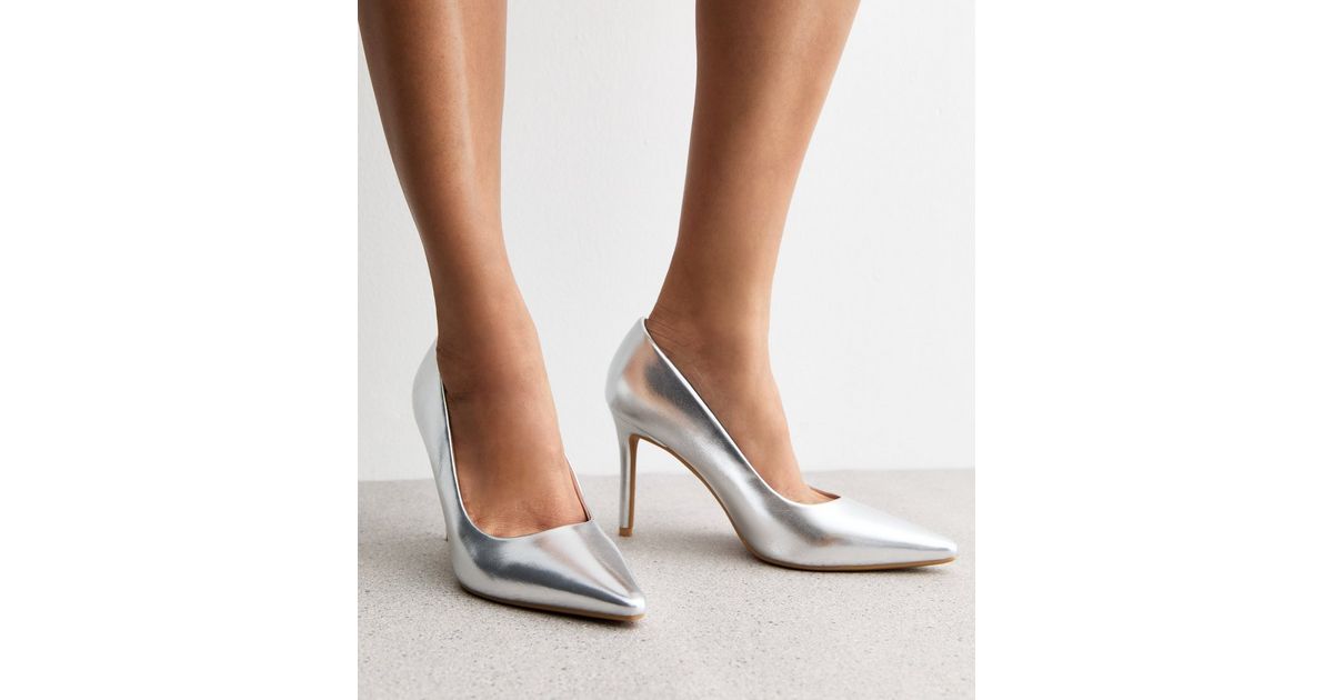 Silver Stiletto Heel Pointed Toe Court Shoes | New Look