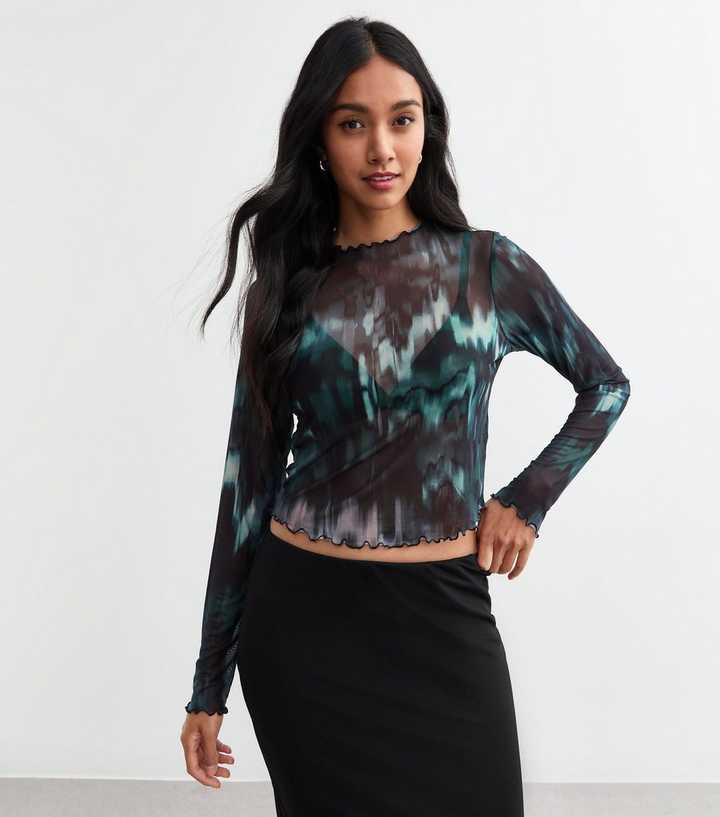 Blue Mesh Long Sleeve Sheer Top | New Look