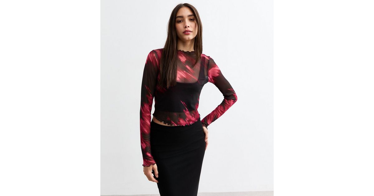 Red Abstract Print Mesh Top | New Look