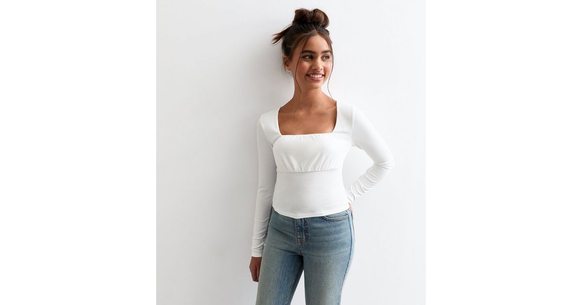 Girls White Ruched Front Ribbed Jersey Top | New Look