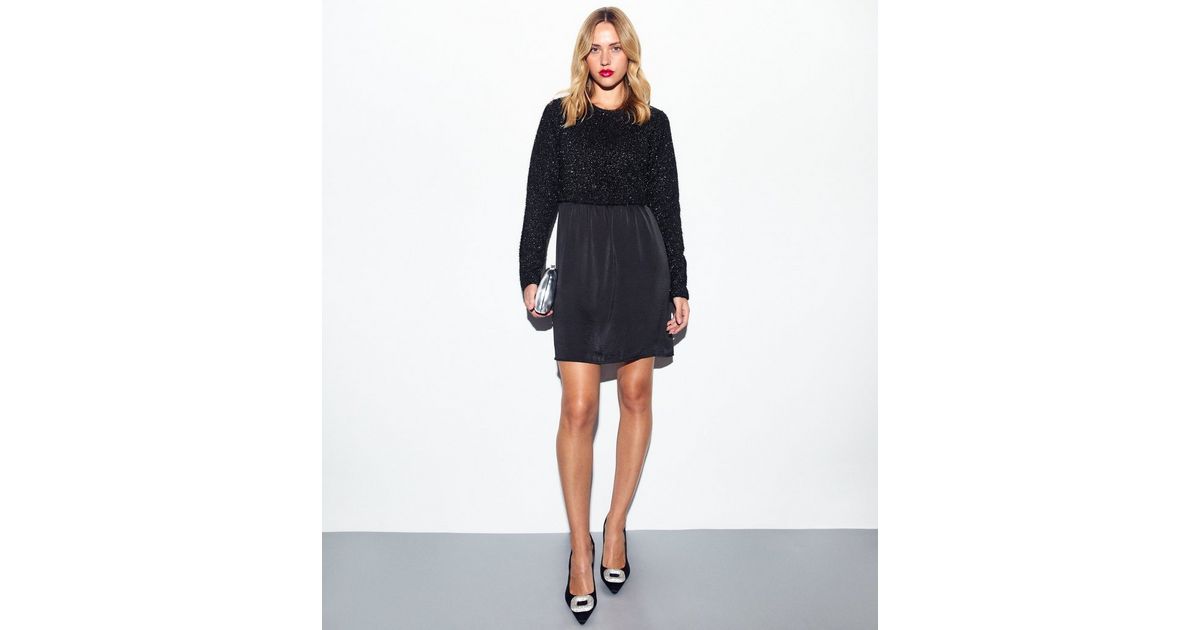 Black 2-In-1 Tinsel Top Long Sleeve MiniDress | New Look