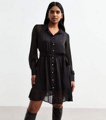 Petite Black Striped Chiffon Mini Shirt Dress | New Look