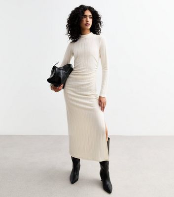 Cream Wide Rib Side Slit Midi Dress | New Look