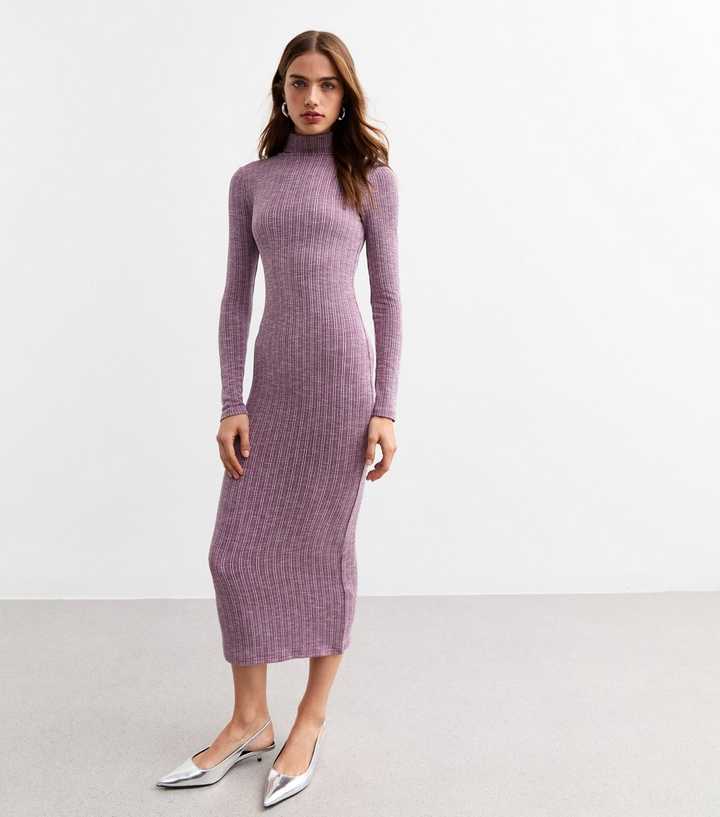 Purple Ribbed Roll Neck Knit Midi Dress | New Look