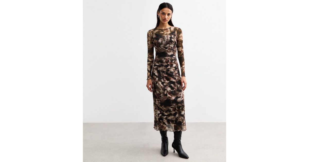 Brown Ink Print Mesh Midi Dress | New Look