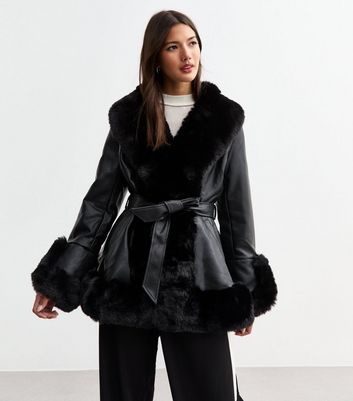 Cameo Rose Black Faux Fur Trim Faux Leather Wrap Coat | New Look