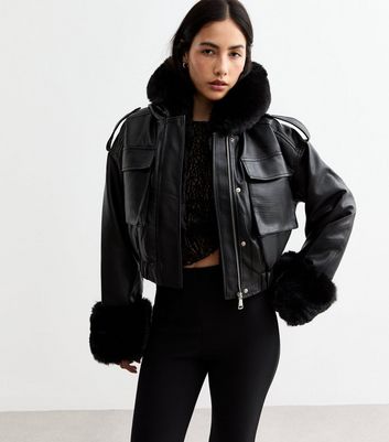 Cameo Rose Black Faux Fur Trim Faux Leather Crop Jacket | New Look