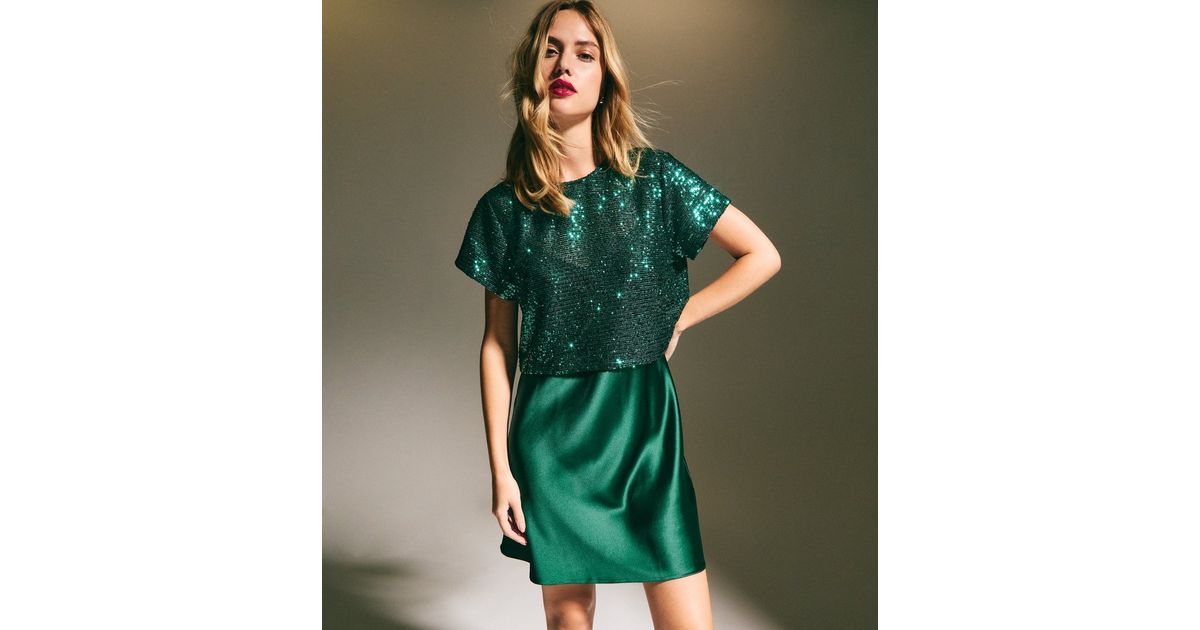 Green 2-in-1 Sequin Top Mini Slip Dress | New Look