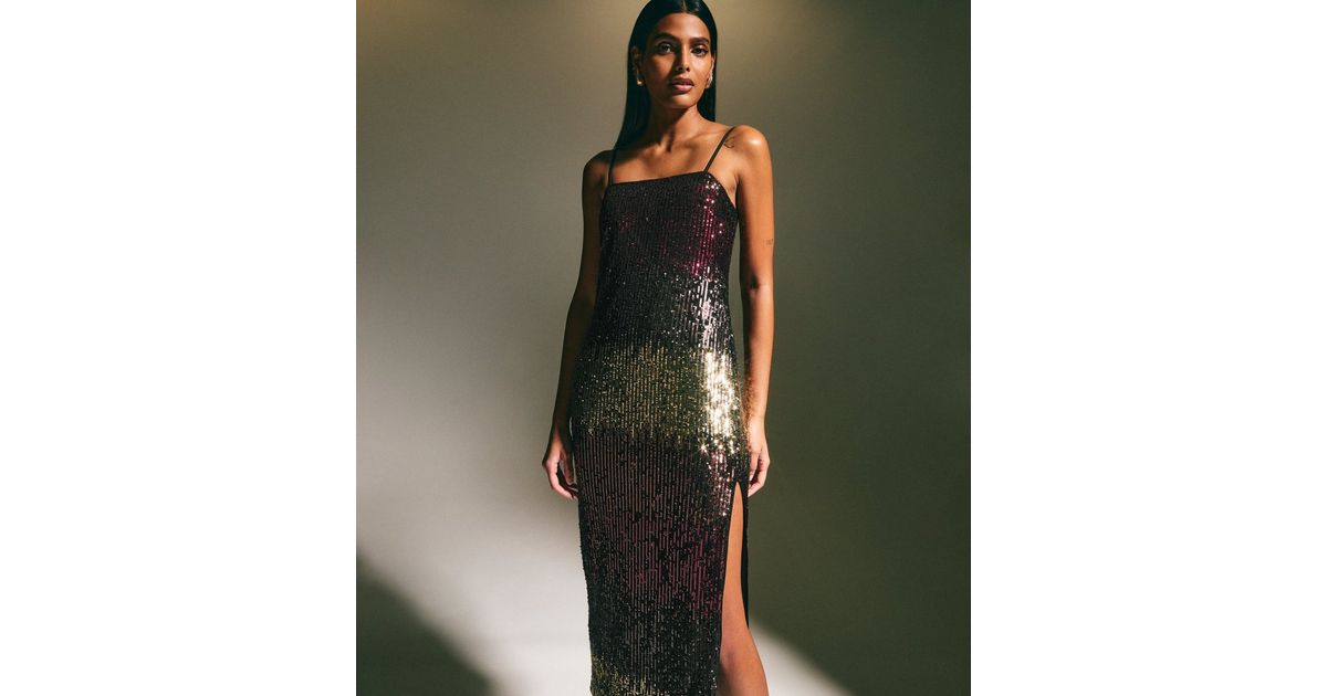 Black Sequinned Ombré Side Slit Midi Dress | New Look