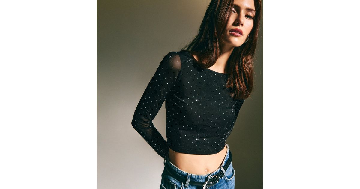 Black Studded Long Sleeve Crop Top | New Look