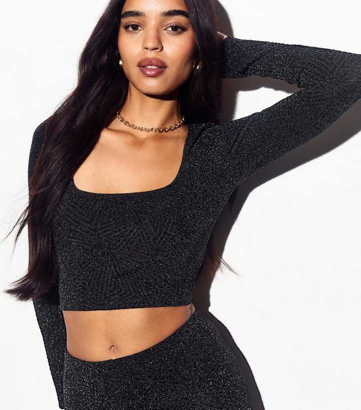 Black Metallic Long Sleeve Crop Top | New Look