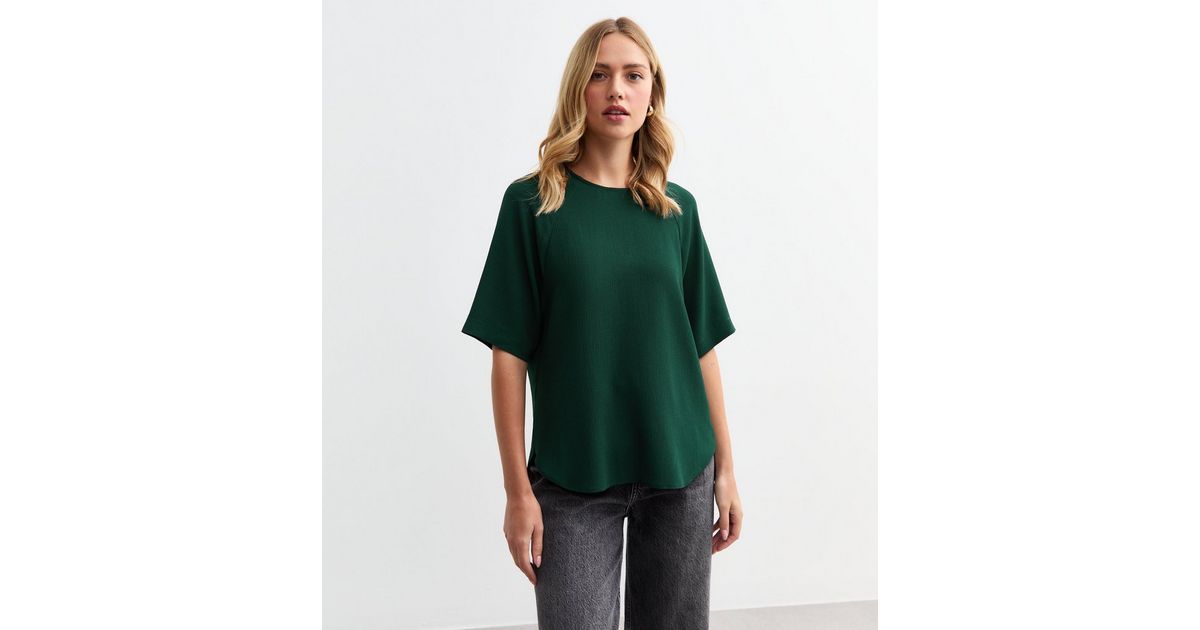Dark Green Raglan Sleeve Woven Top | New Look