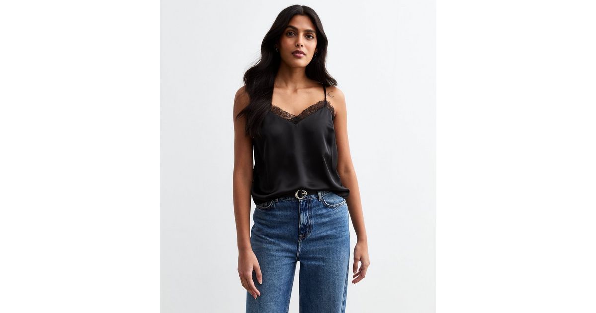 Black Lace Trim Satin Cami Top New Look
