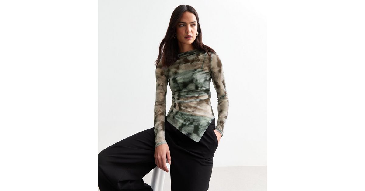 Grey Asymmetrical Ink Mesh Long Sleeve Top | New Look