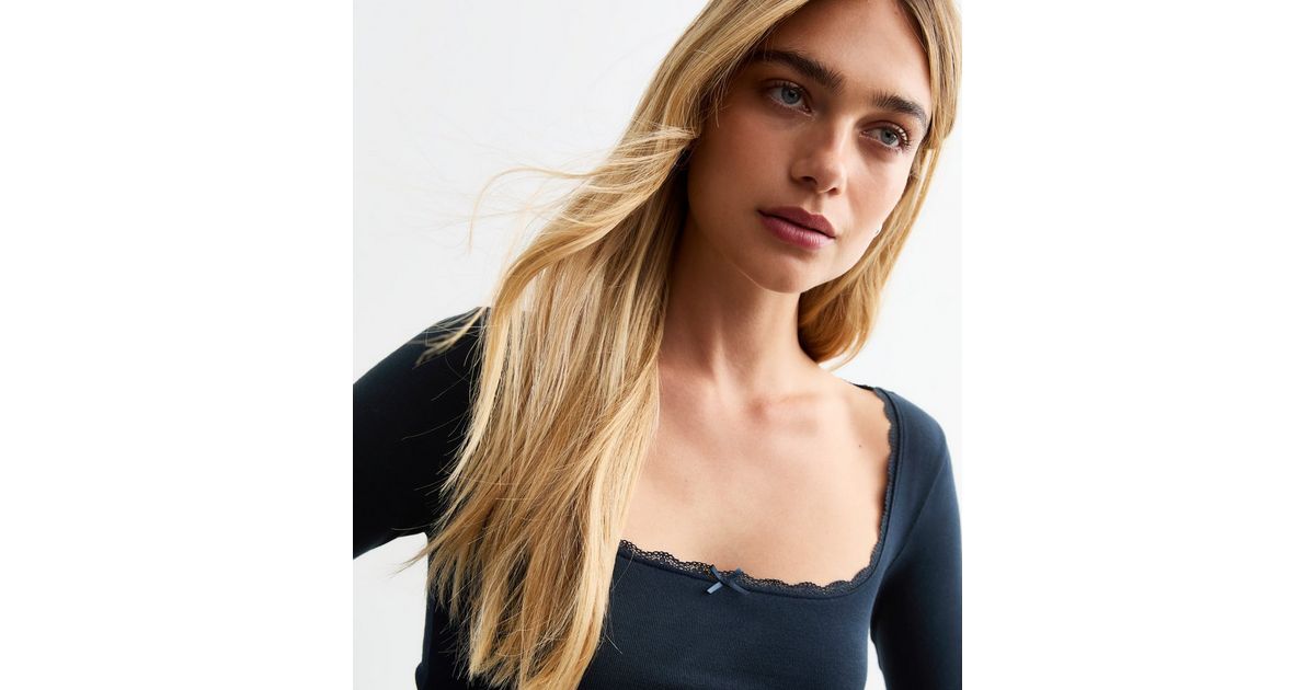 Navy Square Neck Lace Trim Top | New Look