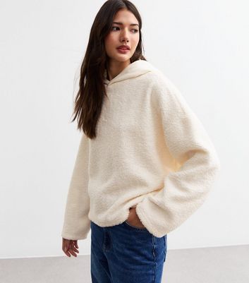 Off White Textured Borg Hoodie | New Look