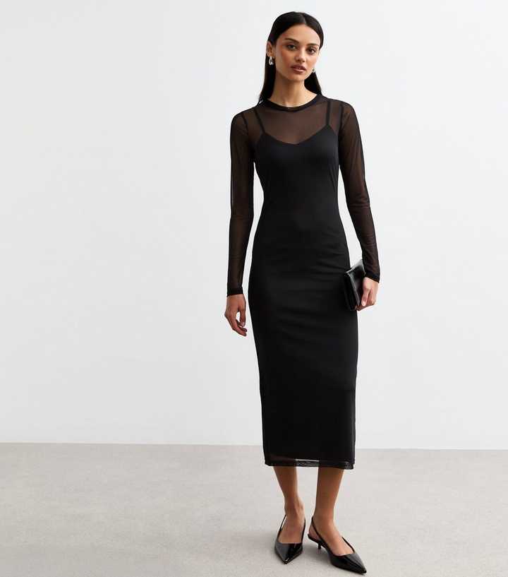 Black Long Sleeve Mesh Midi Dress | New Look