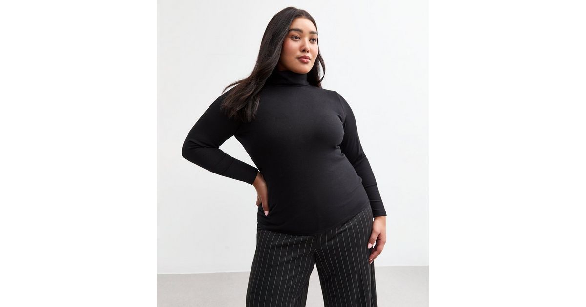 Curves Black Fine Rib Roll Neck Top | New Look