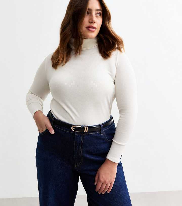 Curves Cream Fine Rib Roll Neck Top | New Look