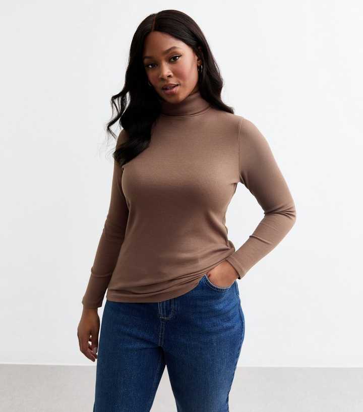 Curves Brown Fine Rib Roll Neck Top | New Look