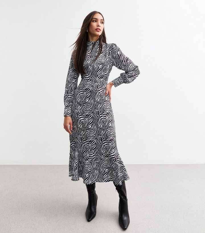 Black Zebra Print Crepe Midi Dress | New Look