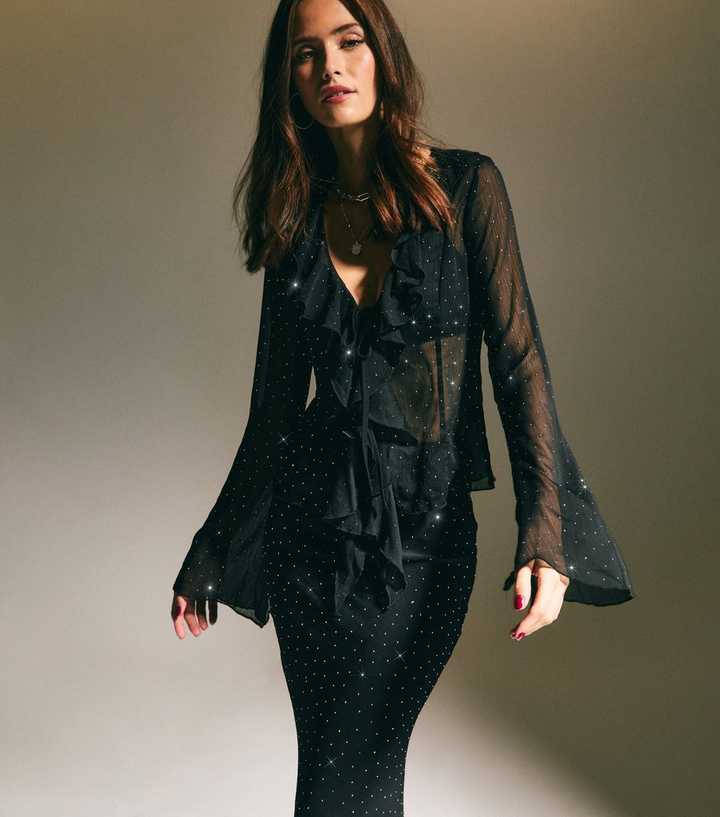 Black Tie Front Crystal Chiffon Blouse | New Look