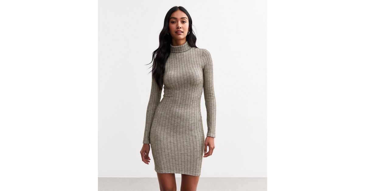 Dark Grey Fine Rib Knit Roll Neck Mini Dress | New Look
