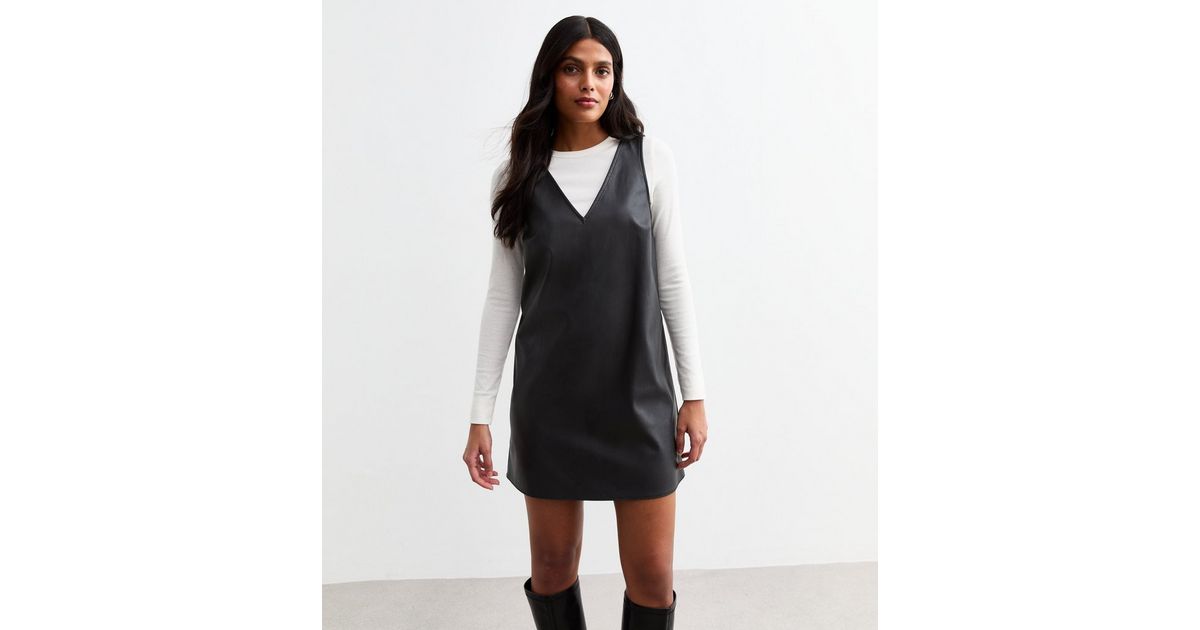 Black Faux Leather V Neck Mini Pinafore Dress | New Look