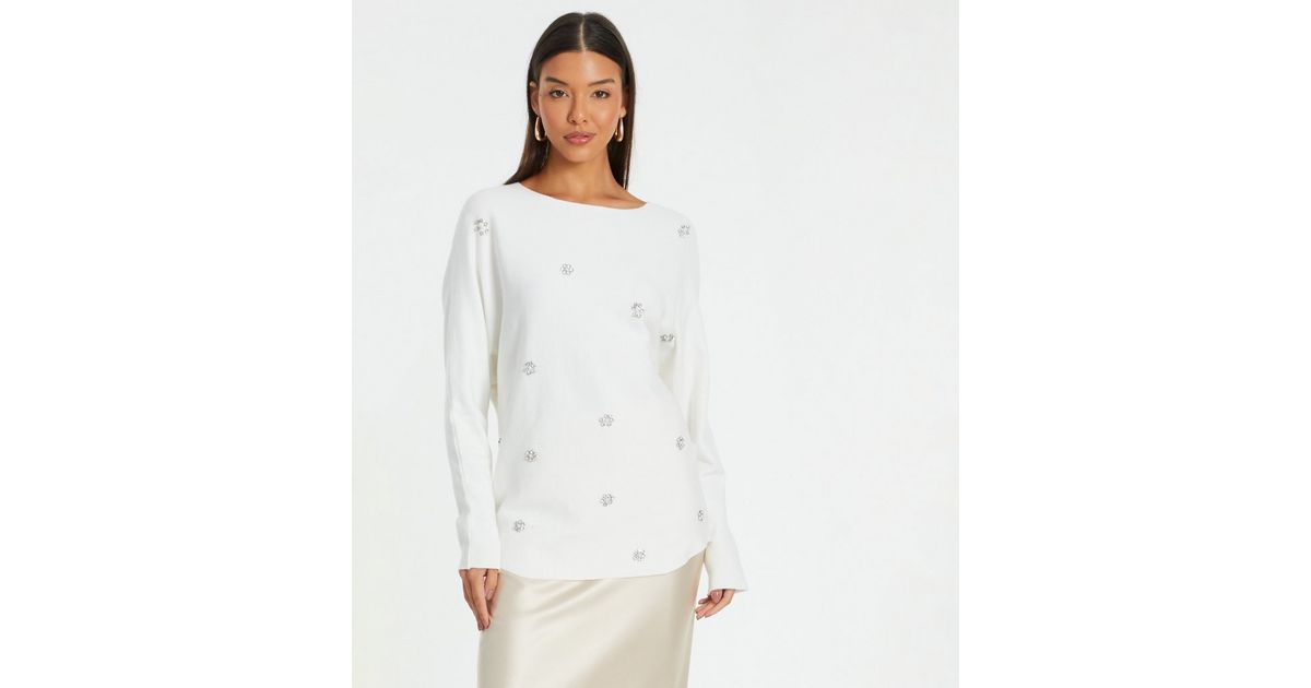QUIZ Cream Embellished Batwing Knitted Jumper | New Look
