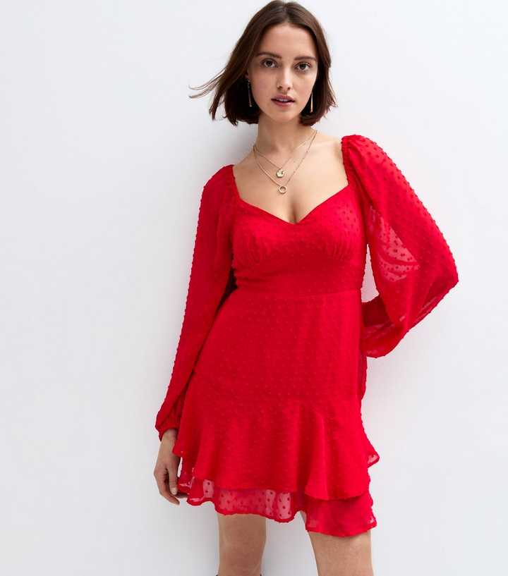 Red Bobble Stitched Chiffon Mini Dress | New Look