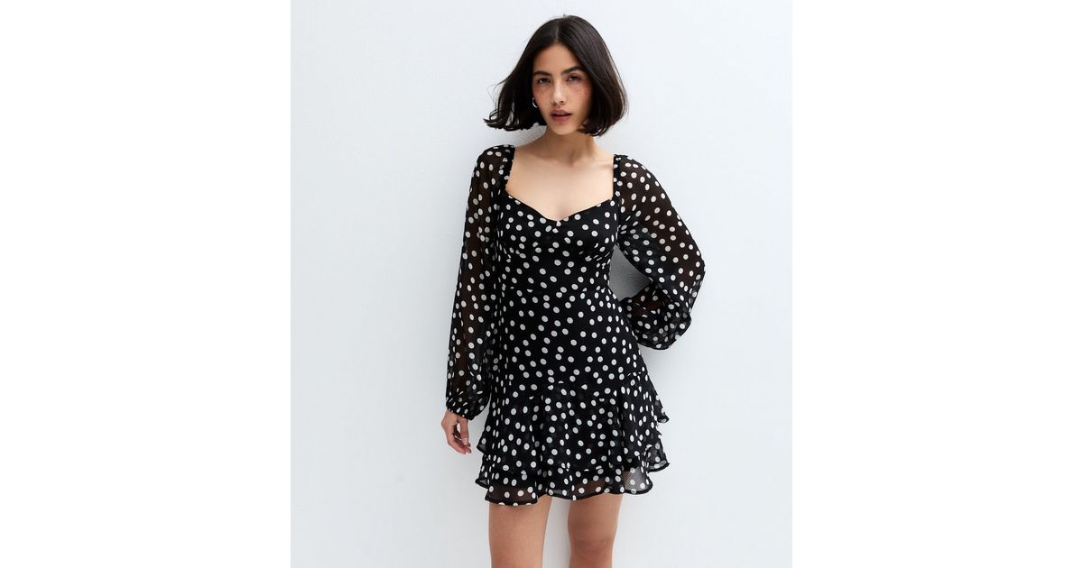 Black Polka Dot Sweetheart Neck Chiffon Mini Dress | New Look