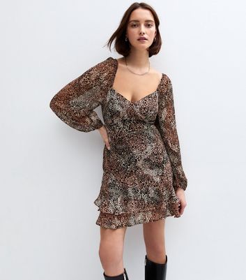 Brown Leopard Print Sweetheart Neck Chiffon Mini Dress New Look