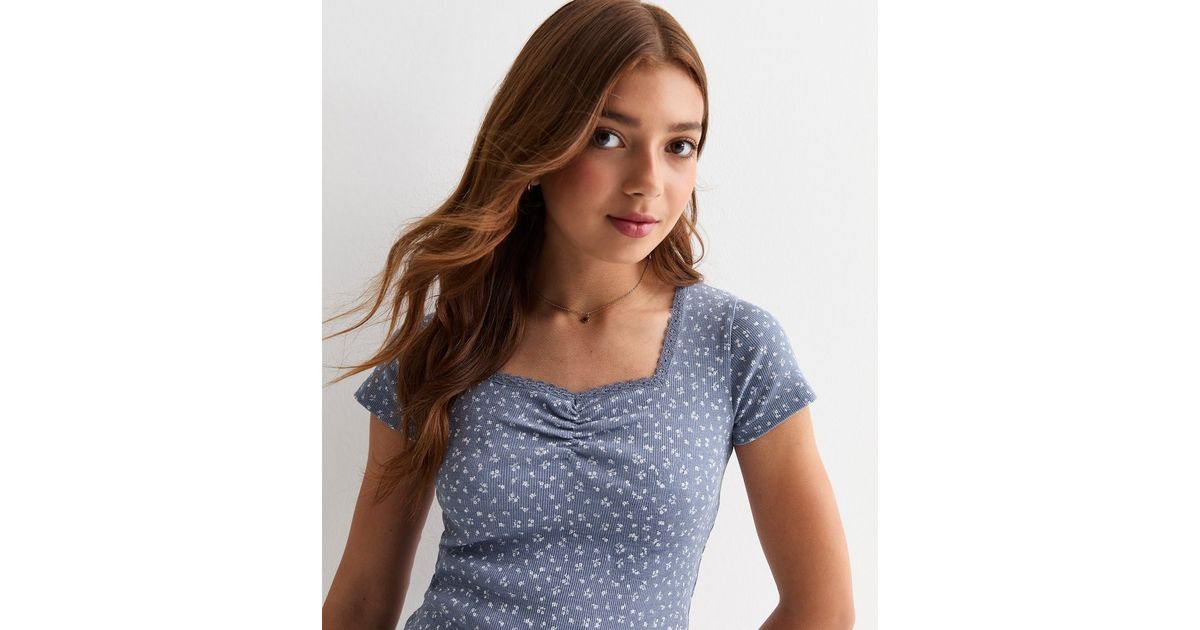 Girls Blue Floral Print Square Neck T-Shirt | New Look