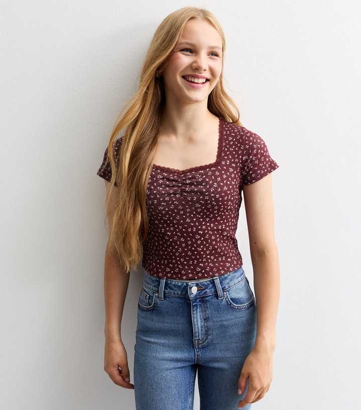 Girls Red Floral Print Square Neck T-Shirt | New Look