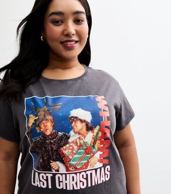 Curves Grey Christmas Wham Print T-Shirt | New Look
