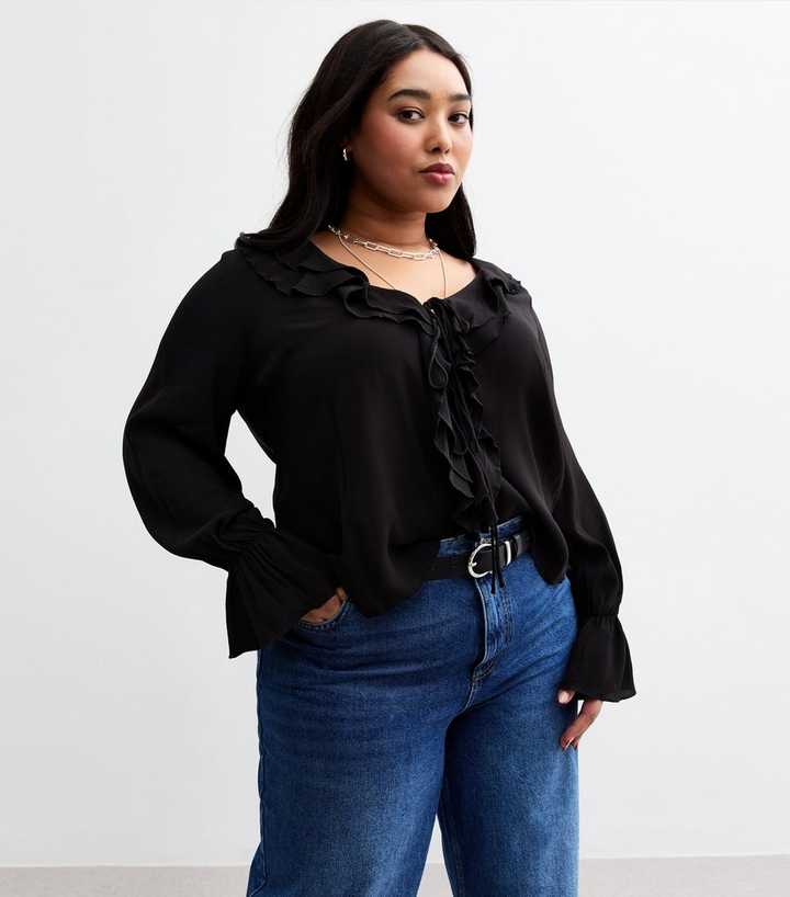 Curves Black Ruffle Trim Blouse | New Look