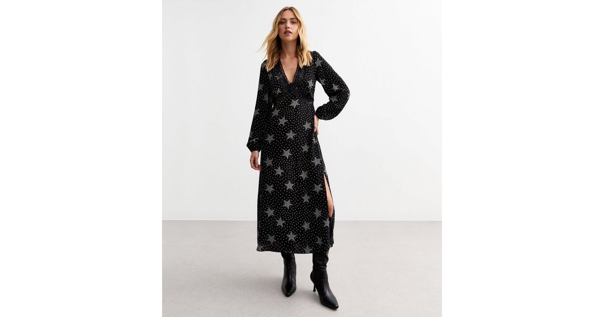 Black Star Print Lace Trim Midi Dress | New Look