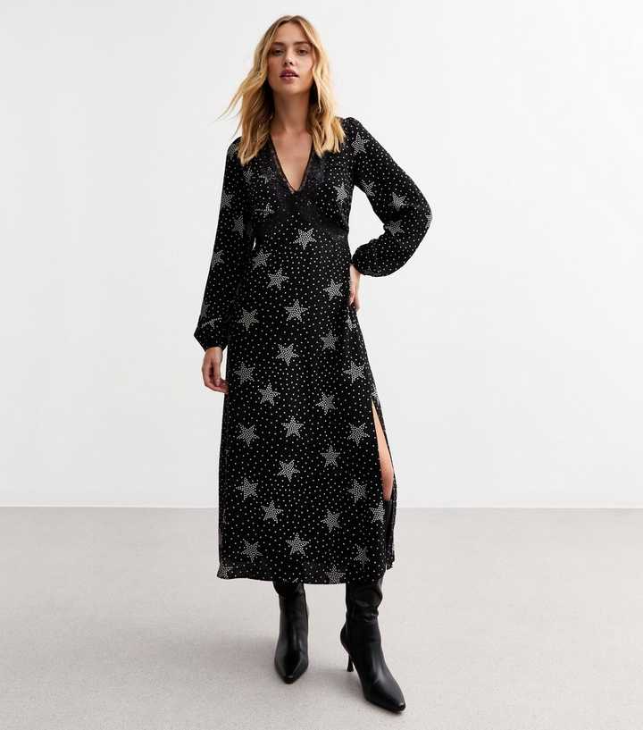Black Star Print Lace Trim Midi Dress | New Look