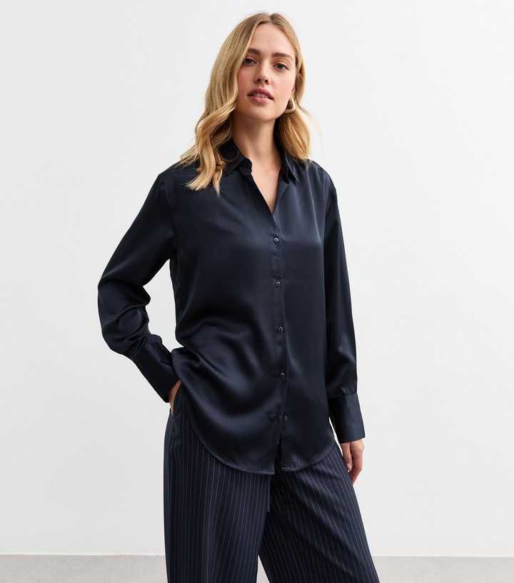 Navy Long Cuff Satin Shirt | New Look